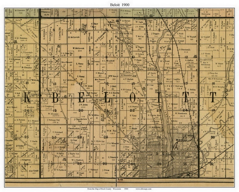 Beloit 1900 - Old Town Map With Homeowner Names - Wisconsin - Reprint ...