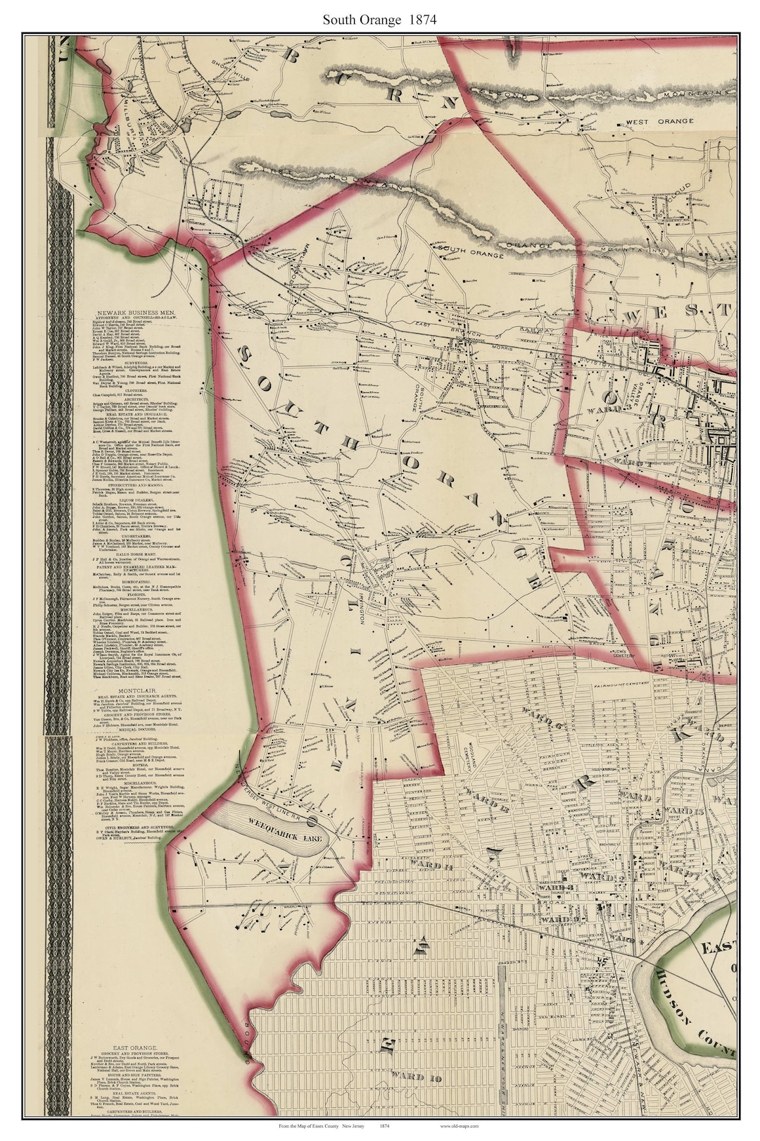 South Orange 1874 Old Town Map With Homeowner Names New Jersey Reprint ...