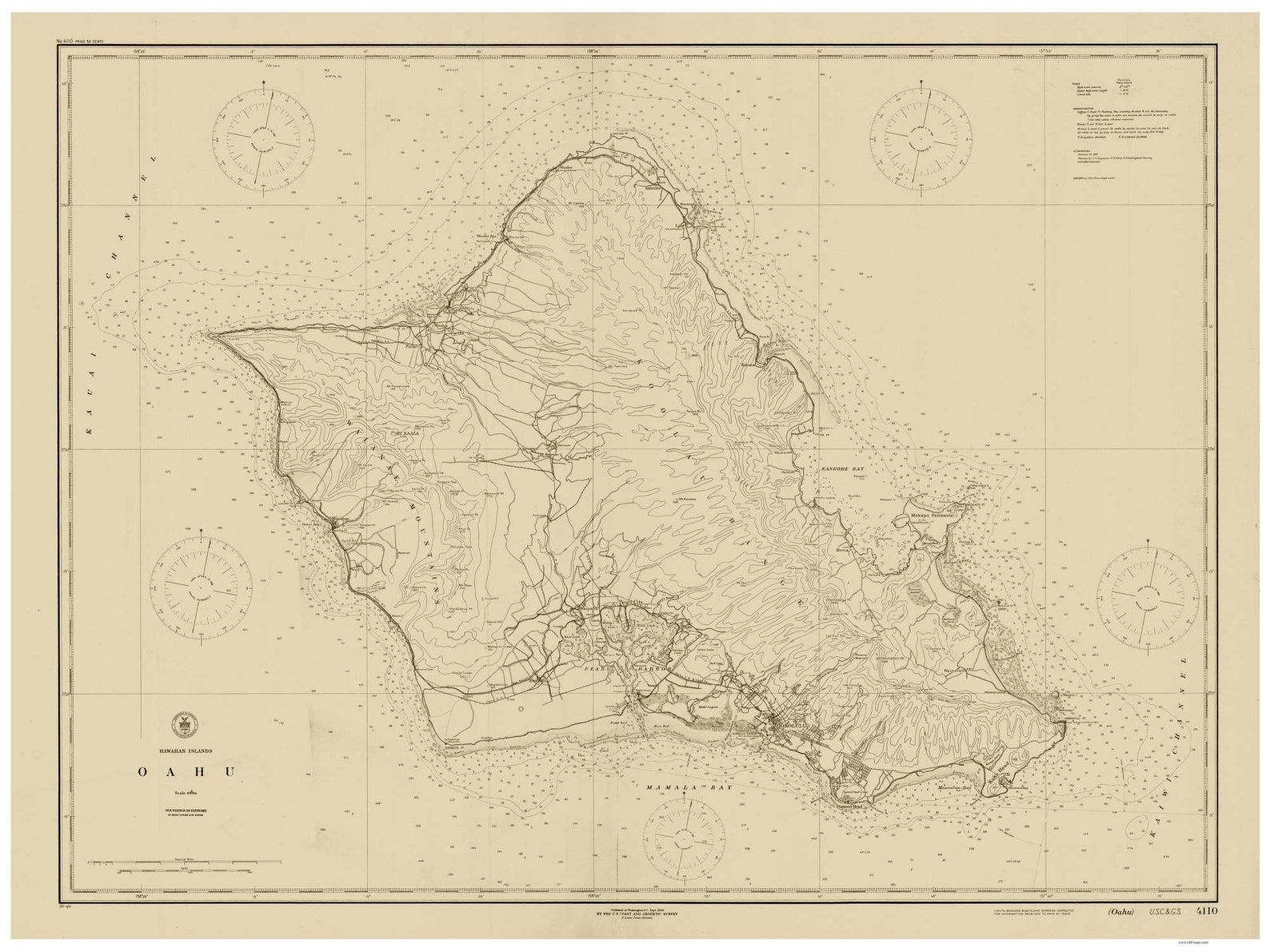 Oahu 1920 - Nautical Map - Old Map - PC Reprint Hawaii 4110 - Hawaiian ...