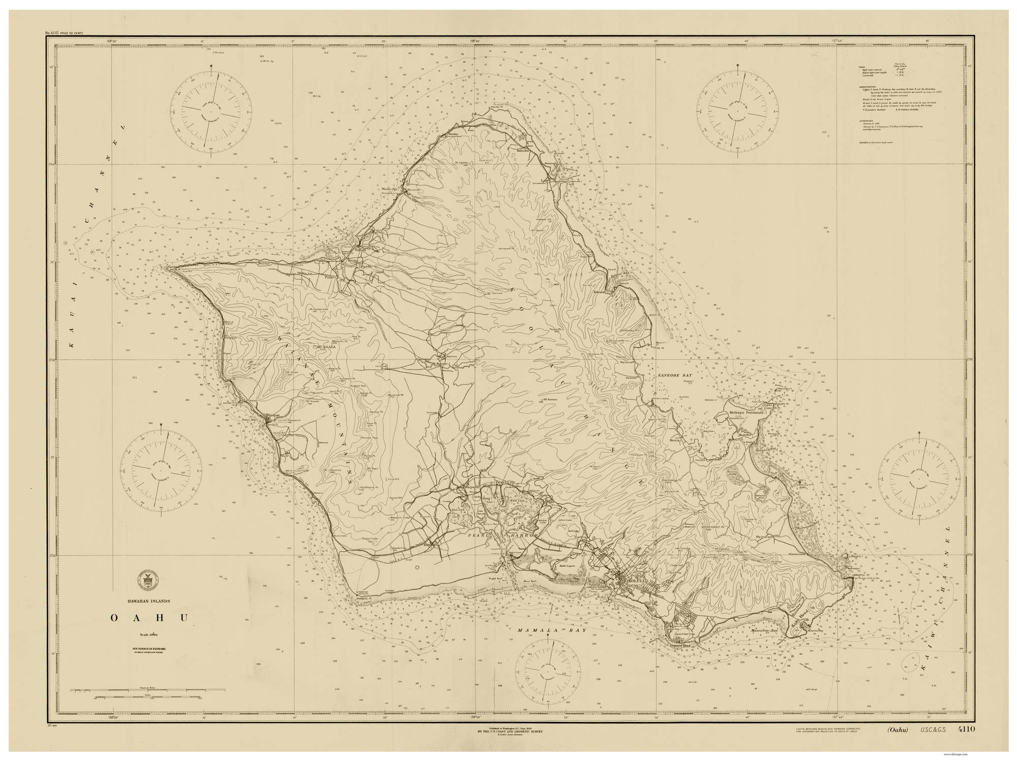 Oahu 1920 - Nautical Map - Old Map - PC Reprint Hawaii 4110 - Hawaiian ...