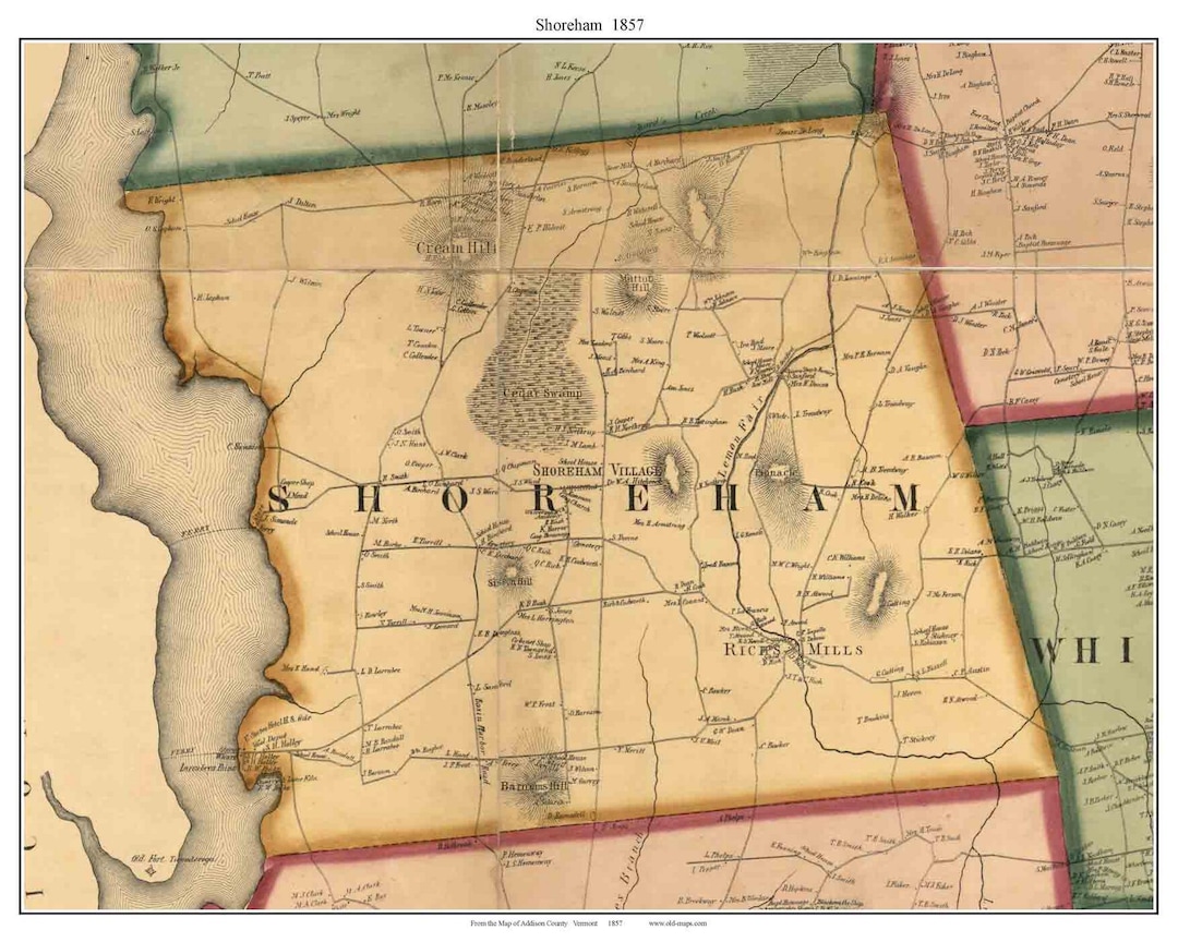 Shoreham 1857 Old Town Map With Homeowner Names Vermont - Reprint ...