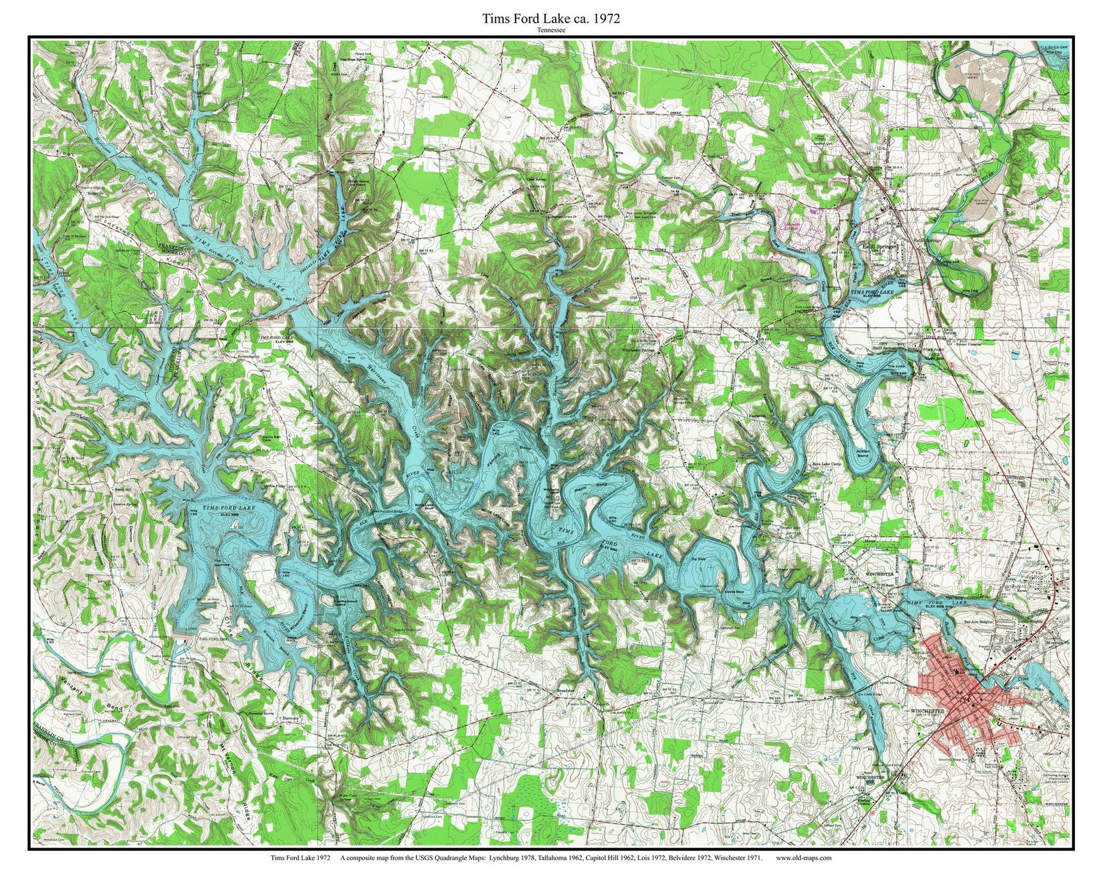 Tims Ford Lake 1972 Old Map Topo Custom Composite USGS Reprint ...