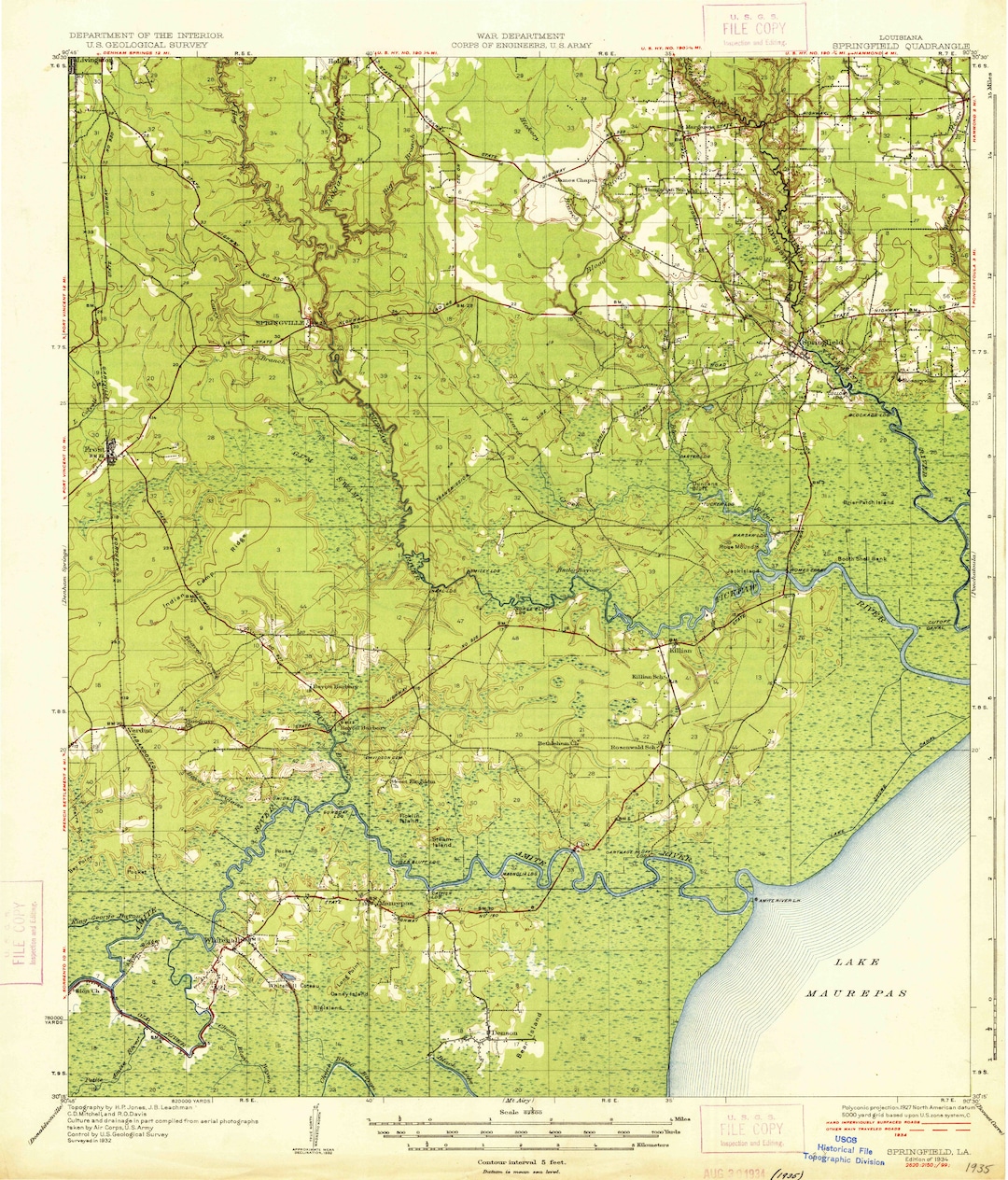 Springfield 1934 Old Topo Map Lake Maurepas Amite River Tickfaw River ...