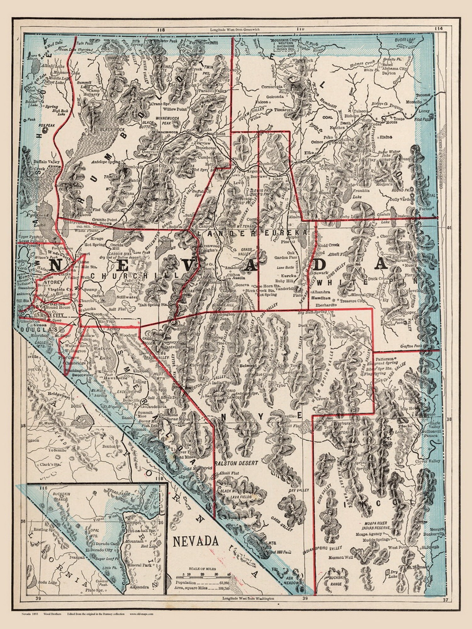 Nevada 1893 Old State Map Reprint - Etsy