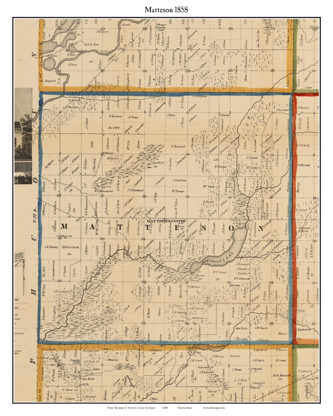 Matteson 1858 Old Town Map With Homeowner Names -matteson Lake ...