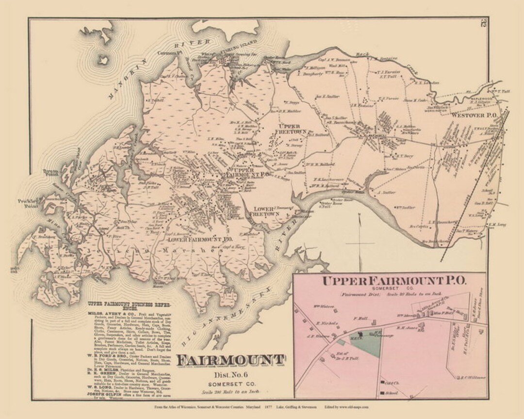 Fairmount 1877 Old Town Map Upper Fairmount Manokin River - Homeowner ...