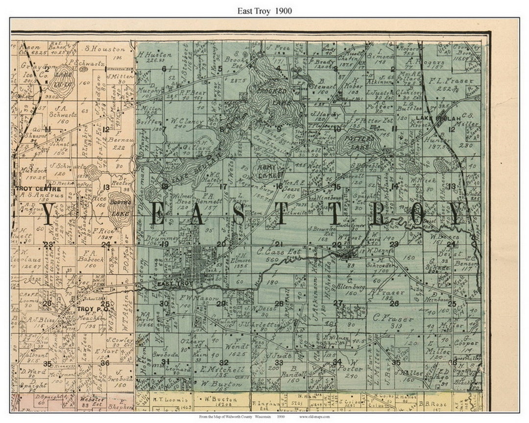 East Troy 1900 - Old Town Map With Homeowner Names - Lake Beulah ...