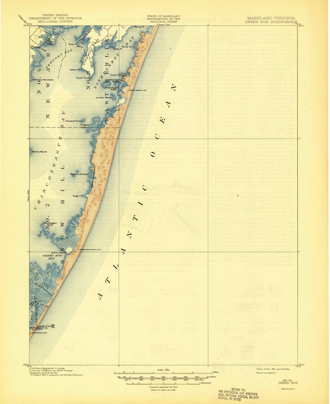 Green Run 1901 1944 Old Topo Map Chincoteague Bay Sinepuxent - Etsy