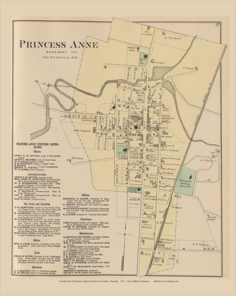 Princess Anne 1877 Old Town Map- Homeowner Names Somerset County ...