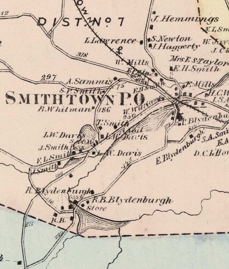 Smithtown Long Island 1873 Old Map Long Island New York With Homeowner ...