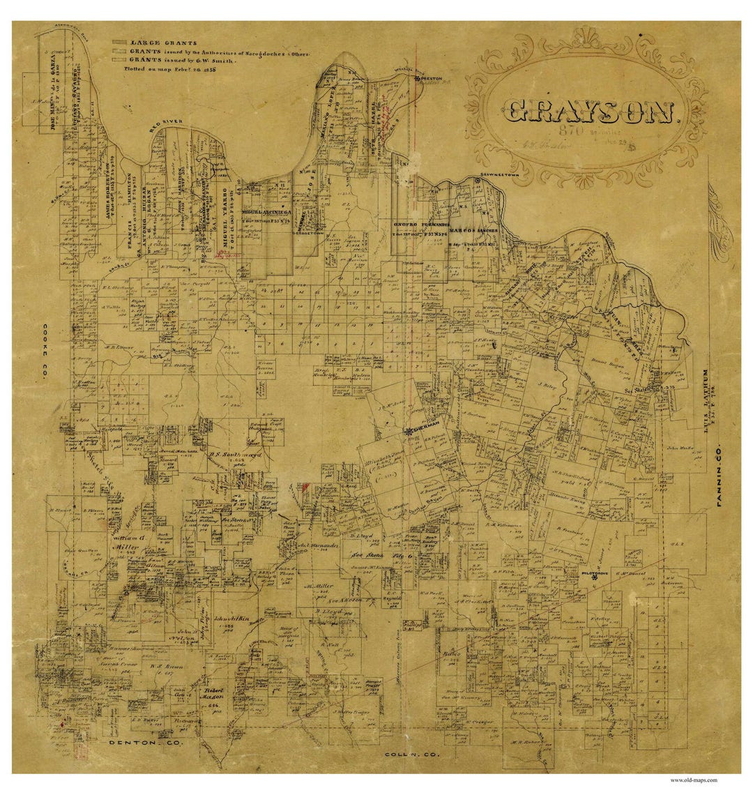 Grayson County, Texas 1853 Old Wall Map Reprint With Land Owners Names ...