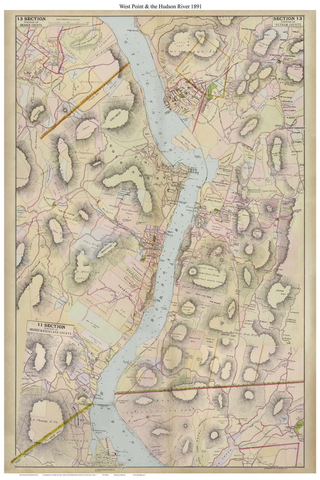 West Point & the Hudson River 1891 Map Custom Reprint Hudson River ...