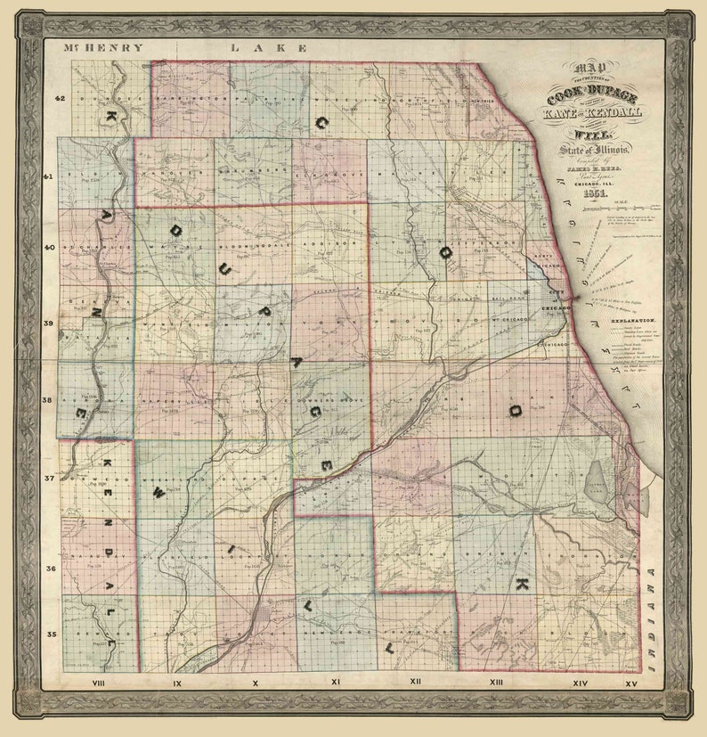 Cook & Dupage Counties Illinois 1851 - Old Wall Map Reprint With ...