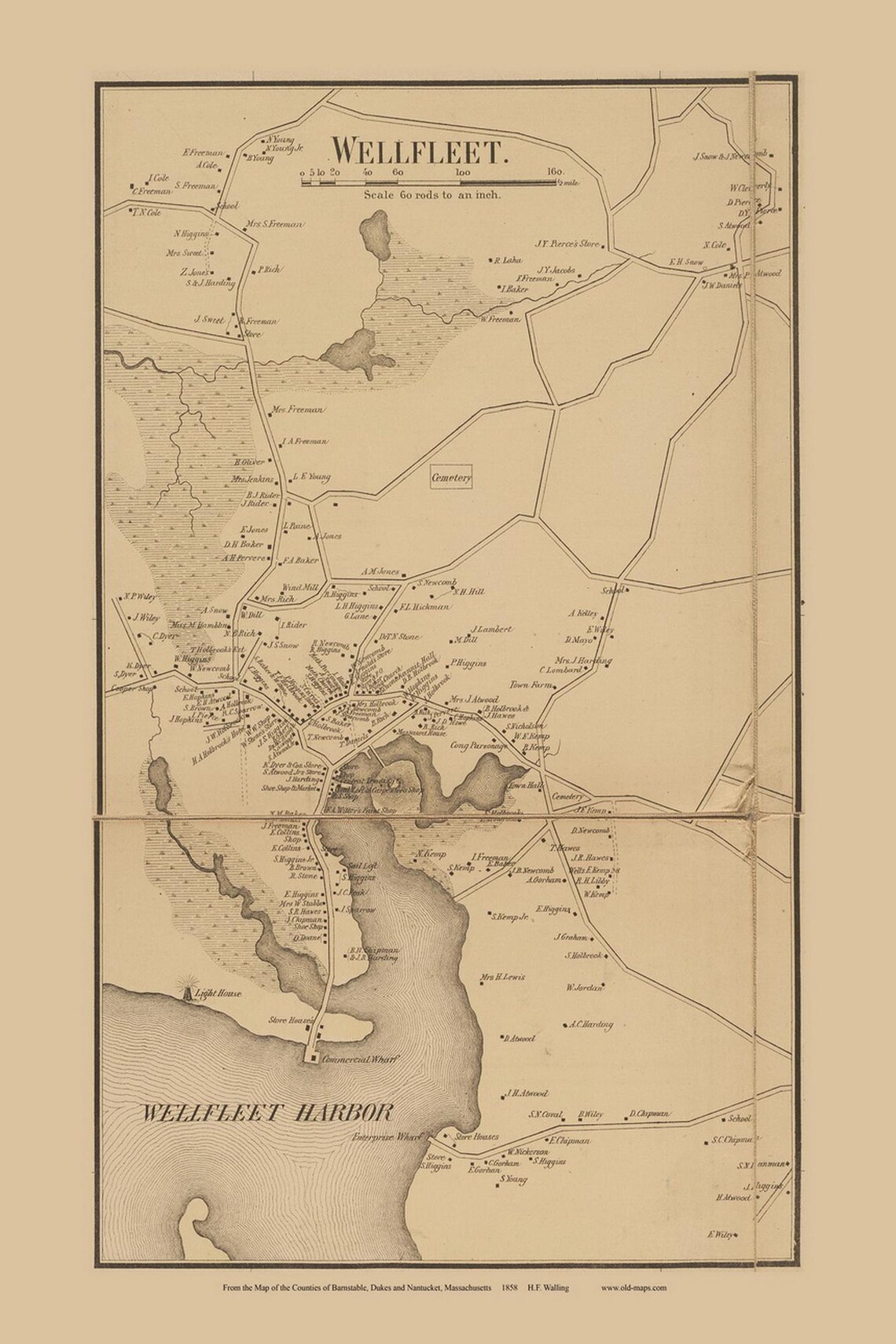 Wellfleet Village (greater), Massachusetts 1858 Old Town Map Custom ...