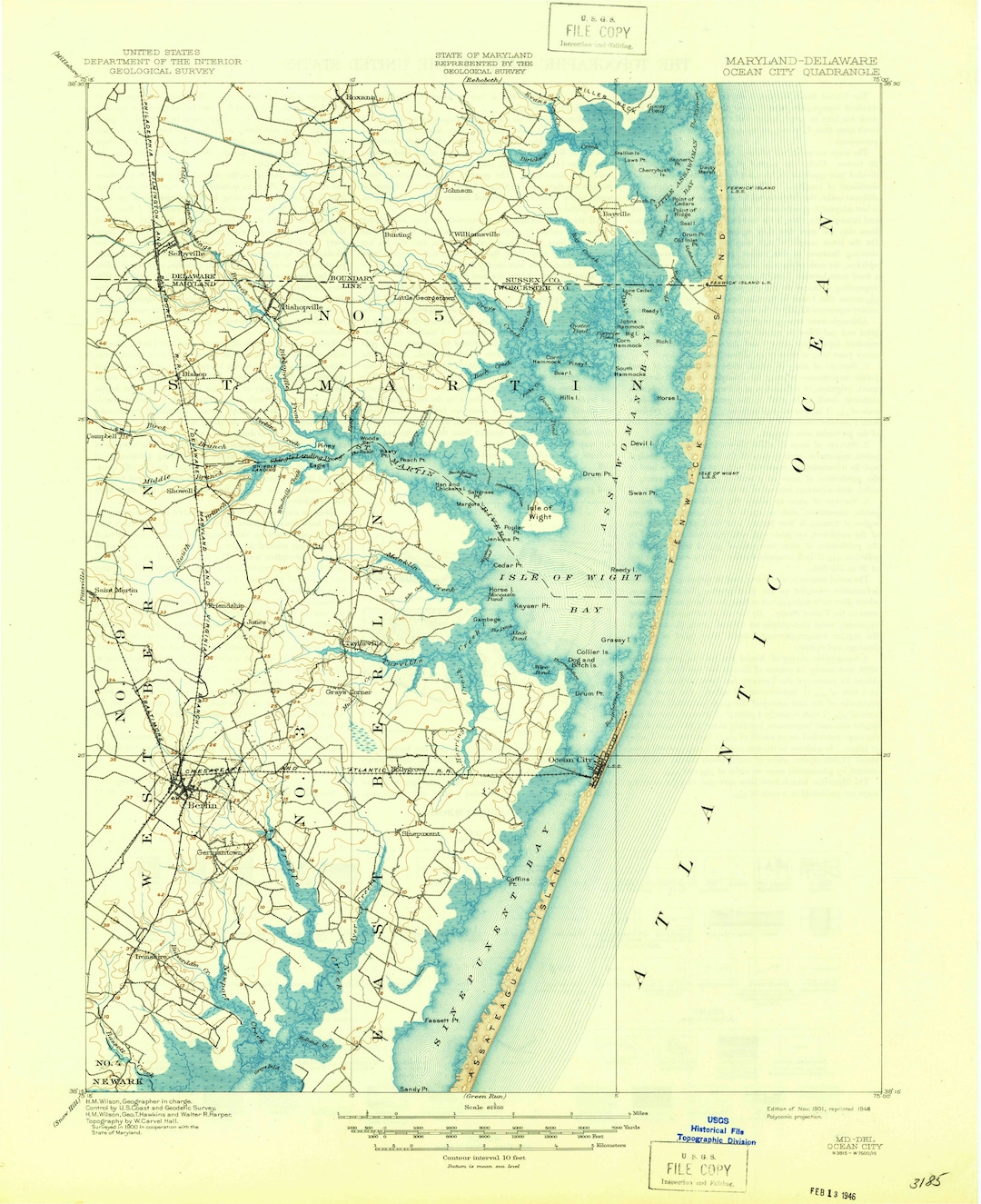 Ocean City 1901 (1946) Old Topo Map Fenwick Island Sinepuxent Bay- Quad ...
