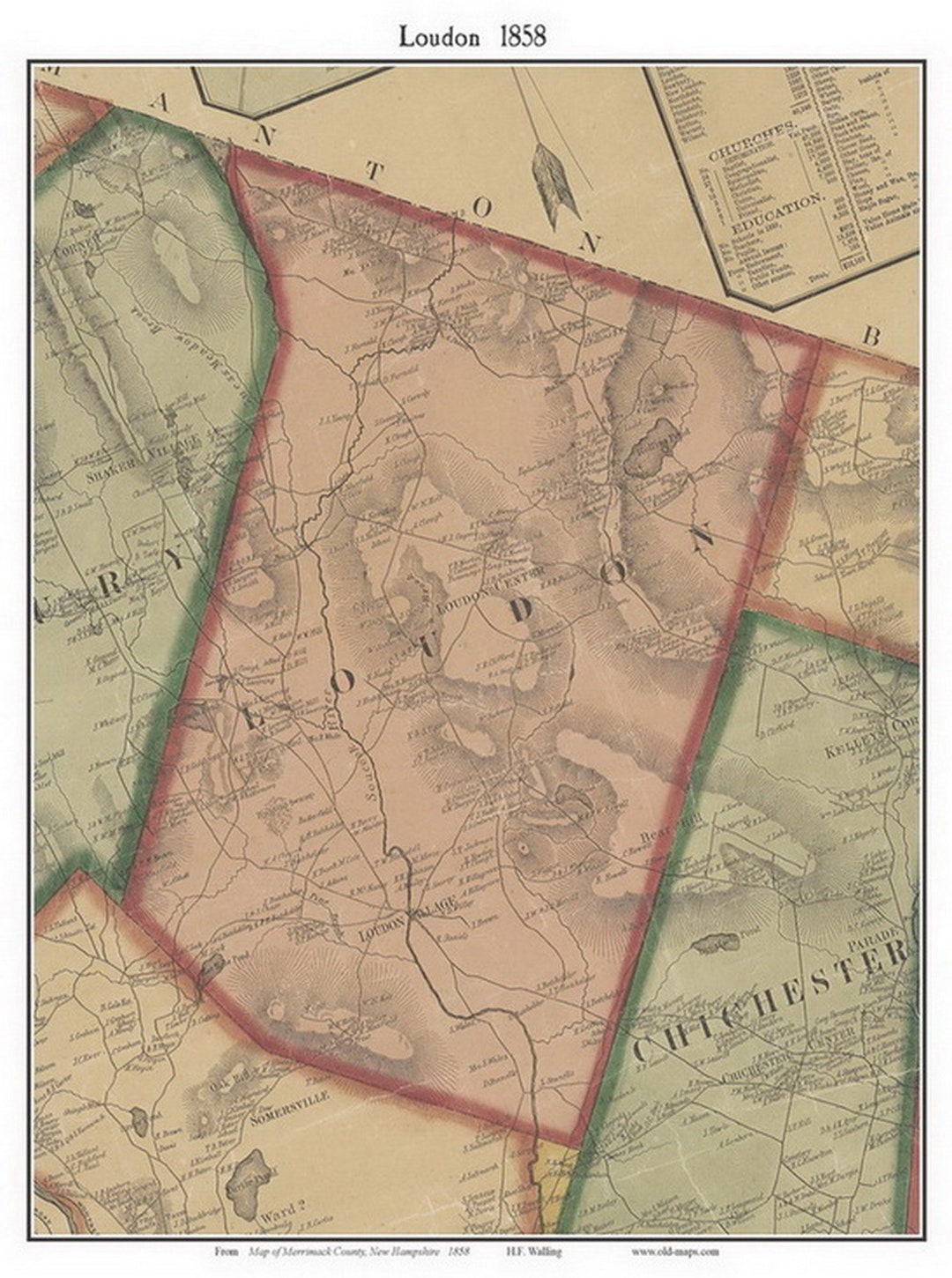 Loudon 1858 Old Town Map With Homeowner Names New Hampshire - Reprint ...