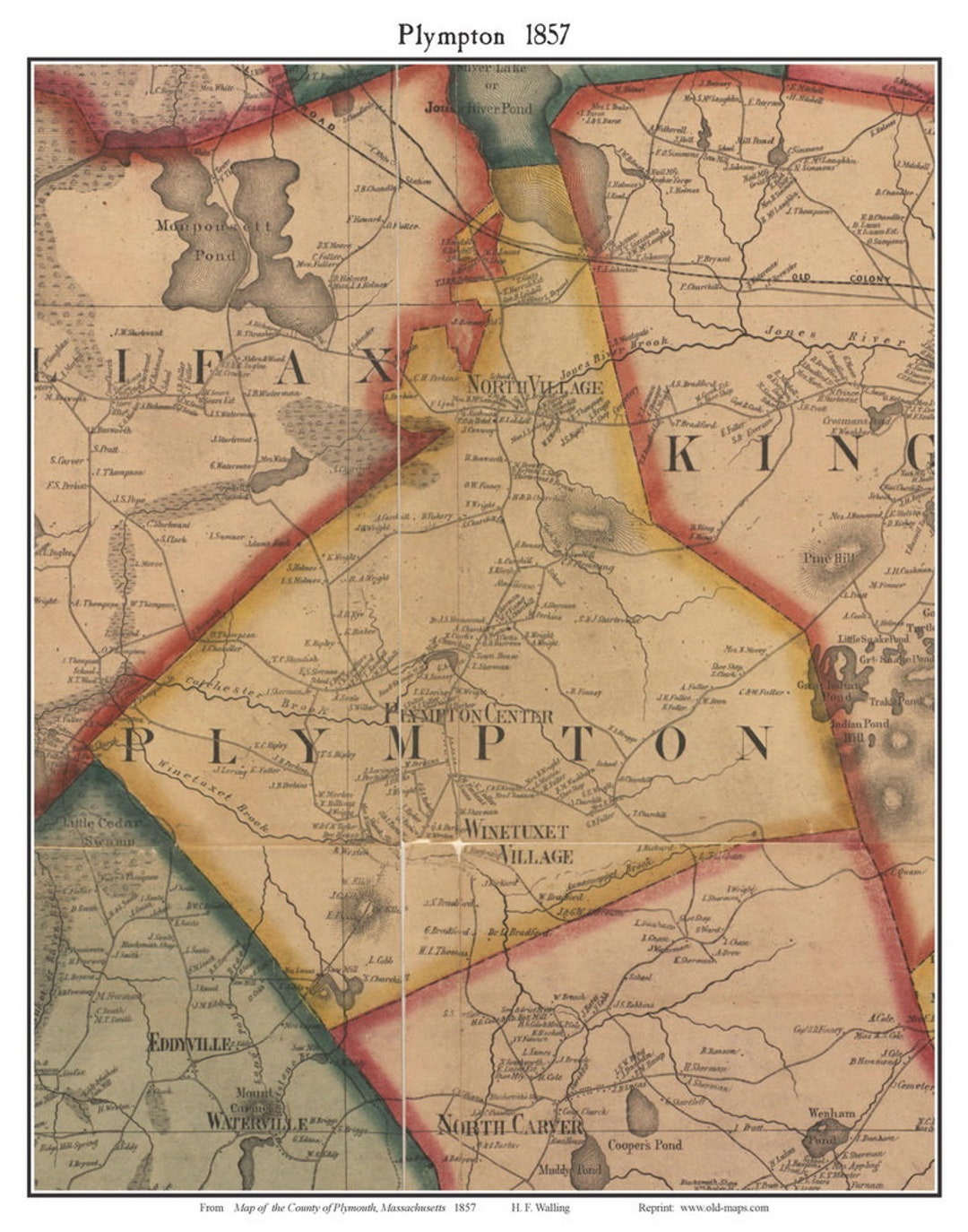 Plympton 1857 Old Town Map With Homeowner Names Massachusetts Winetuxet ...