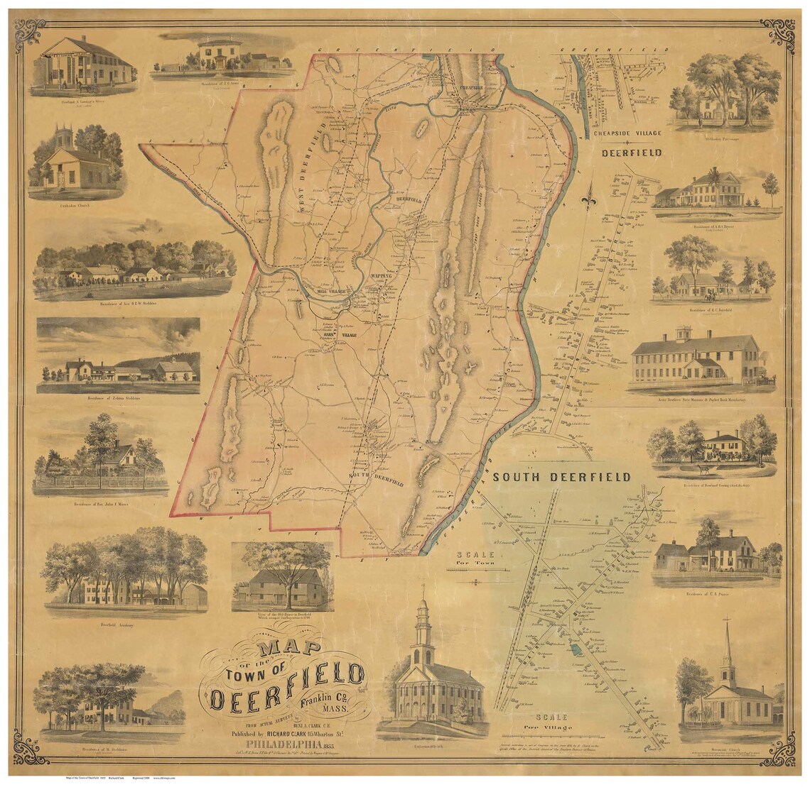 Deerfield Massachusetts 1855 Clark Old Town Map Reprint - Etsy