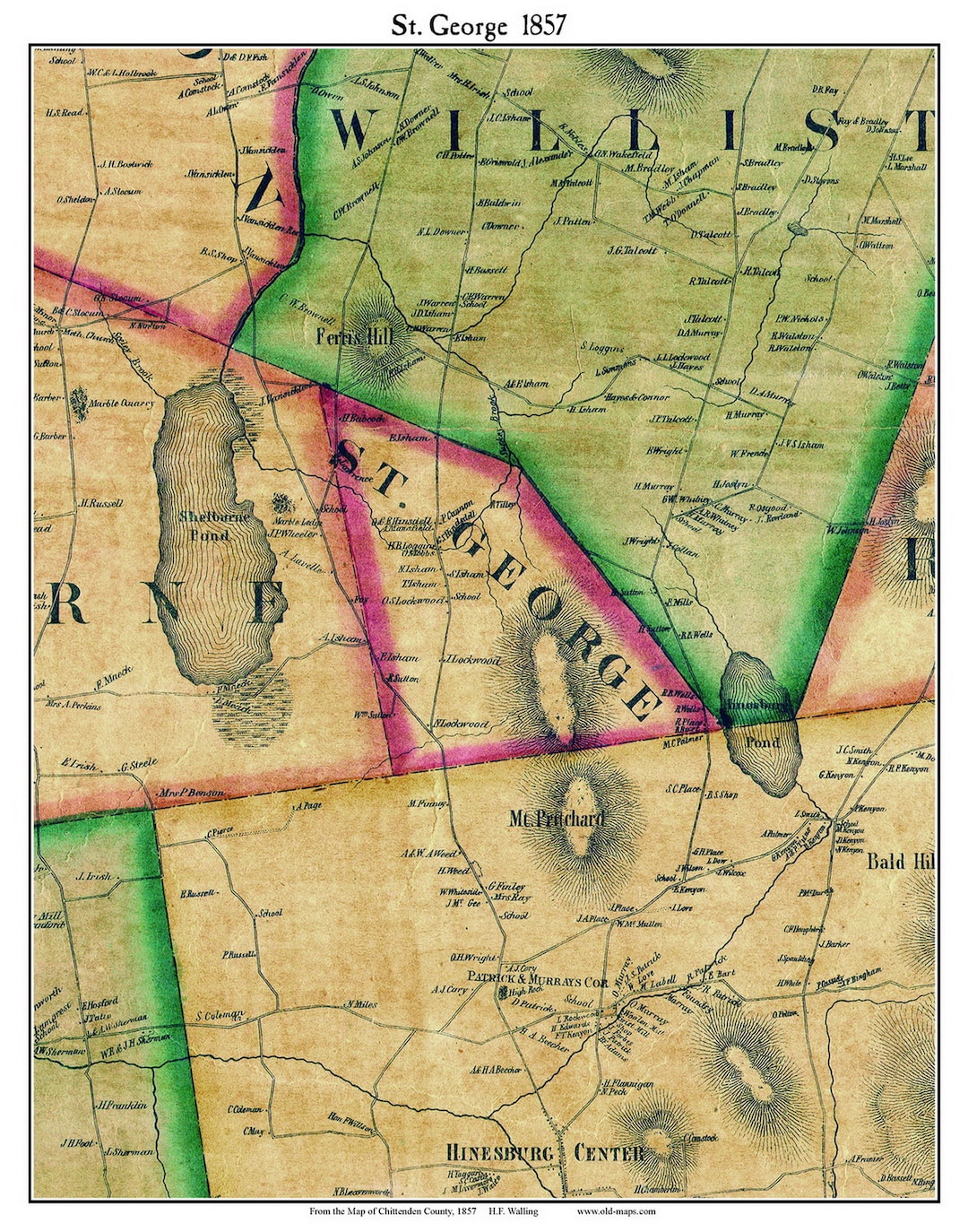 St. George 1857 Old Town Map With Homeowner Names Vermont - Reprint ...