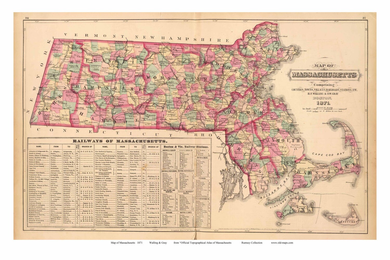 Massachusetts 1871 Railroad Map by H.F. Walling Reprint MA - Etsy