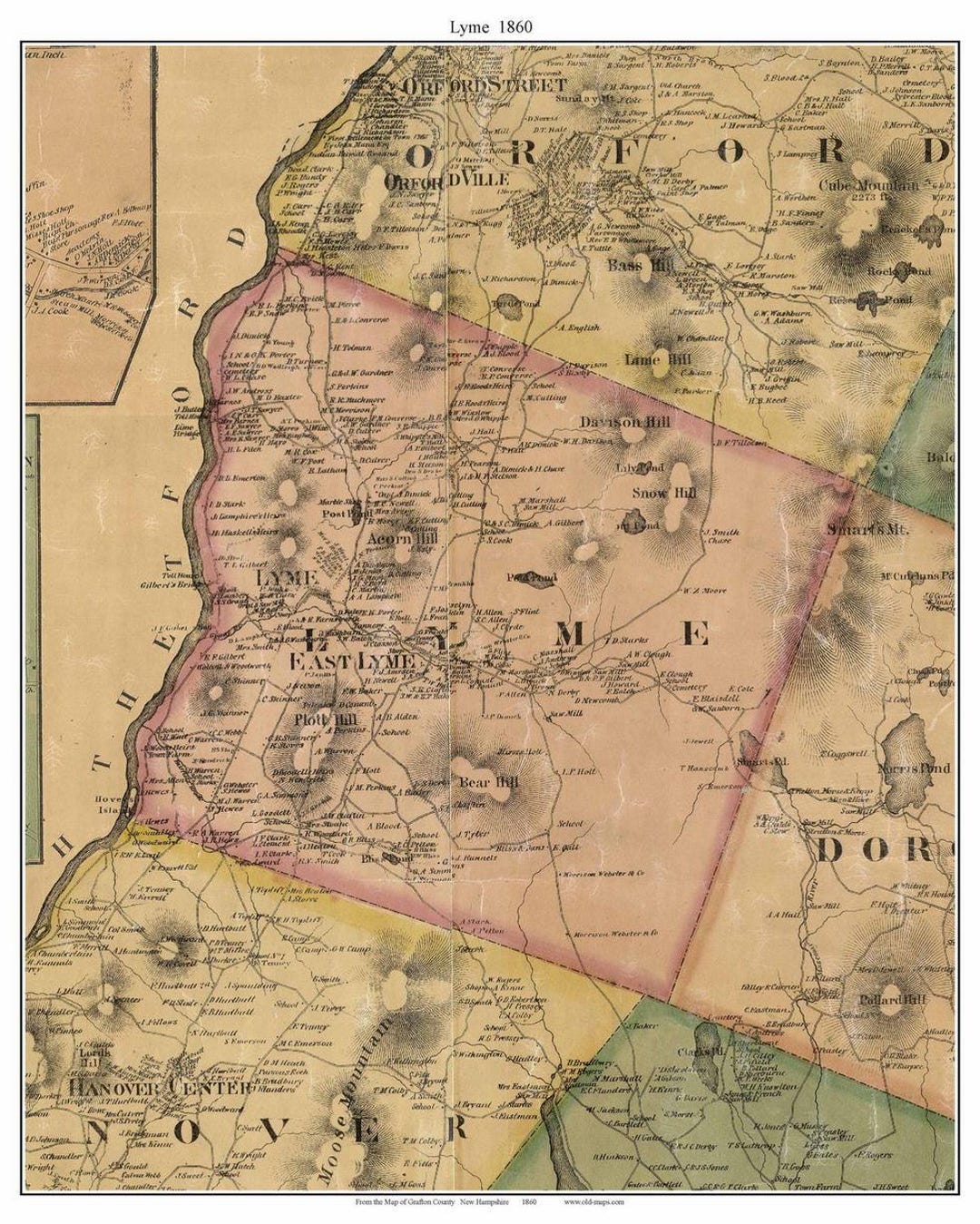 Lyme 1860 Old Town Map With Homeowner Names New Hampshire - Reprint ...