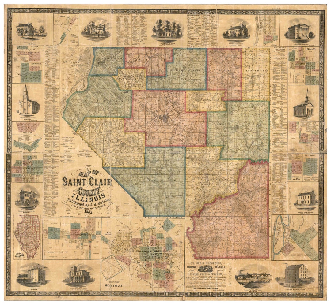 Saint Clair County Illinois 1863 - Old Wall Map Reprint With Homeowner ...