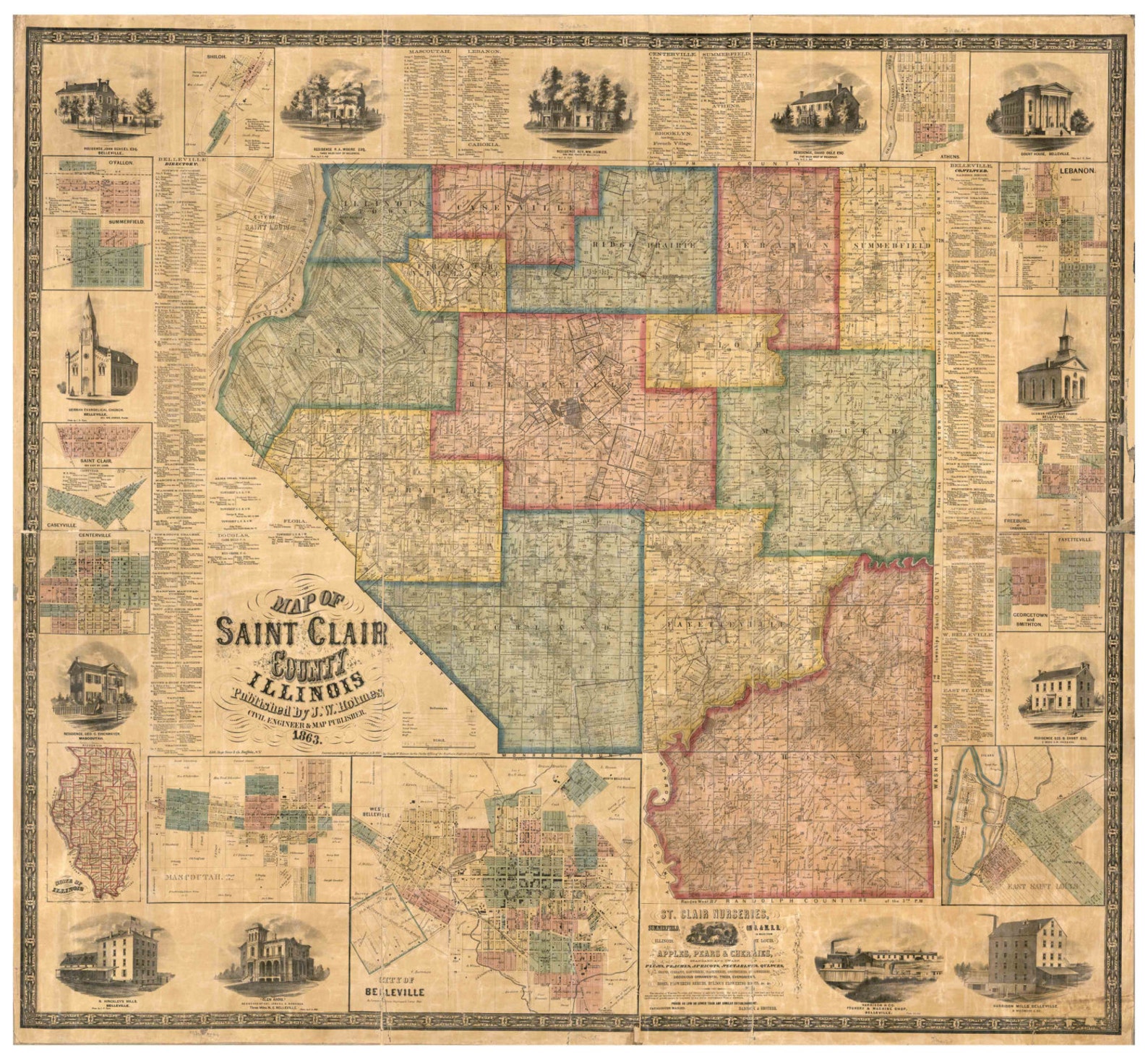 Saint Clair County Illinois 1863 Old Wall Map Reprint With - Etsy