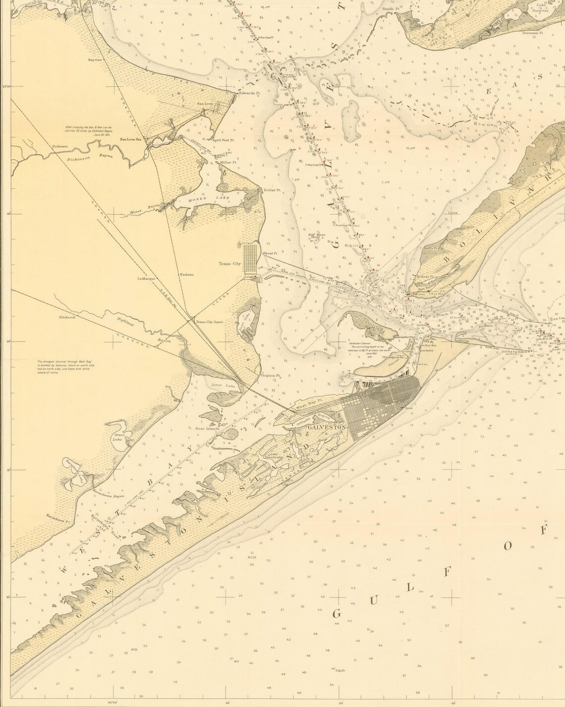 Galveston Bay 1921 Nautical Old Map Reprint -turtle Bay East Bay Bayou ...