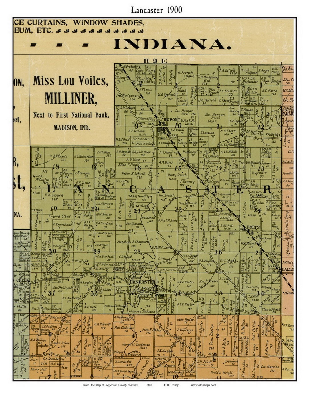 Lancaster 1900 Old Town Map With Homeowner Names Indiana Dupont Foltz ...