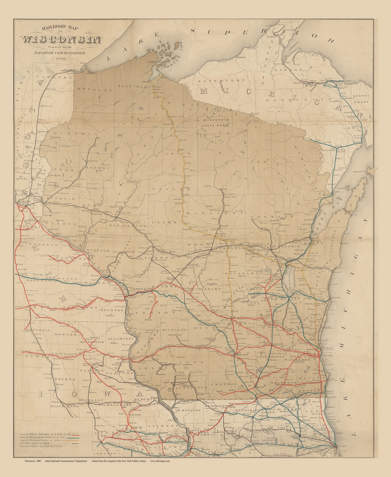 Wisconsin 1880 Railroads - State Map - Old Map Reprint - Etsy