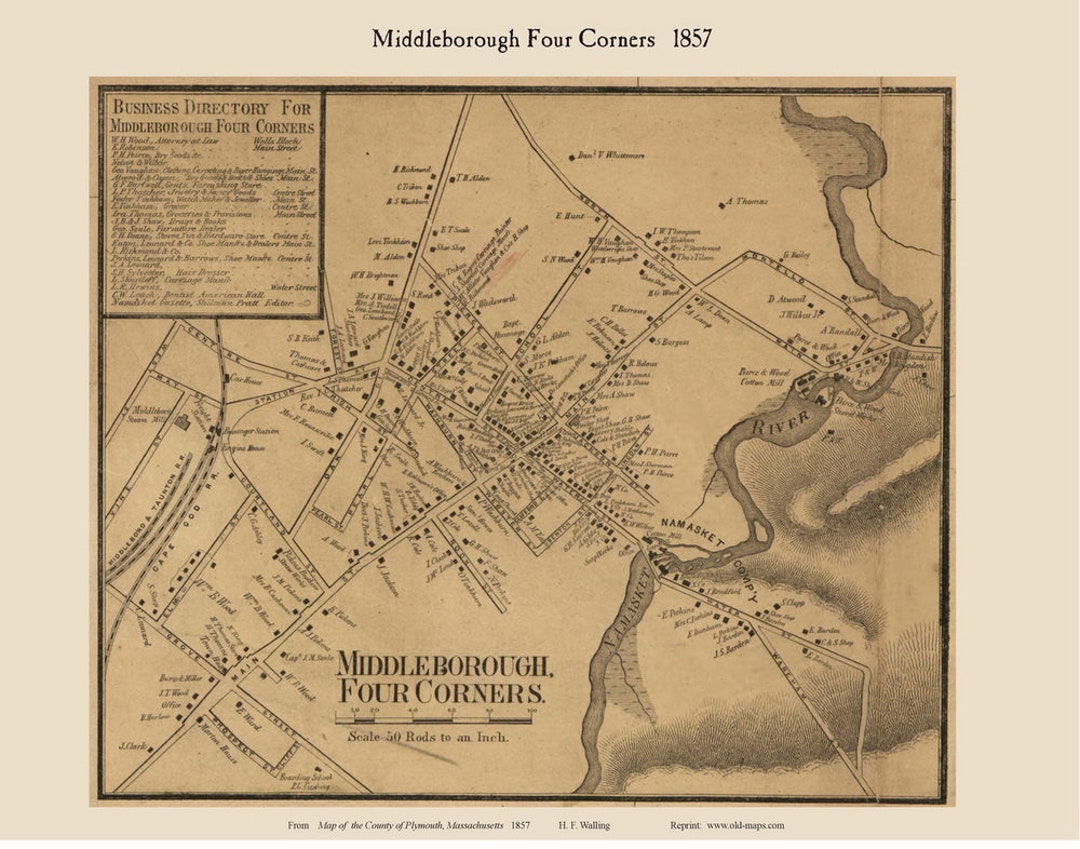 Middleborough Four Corners 1857 Old Town Map With Homeowner Names ...