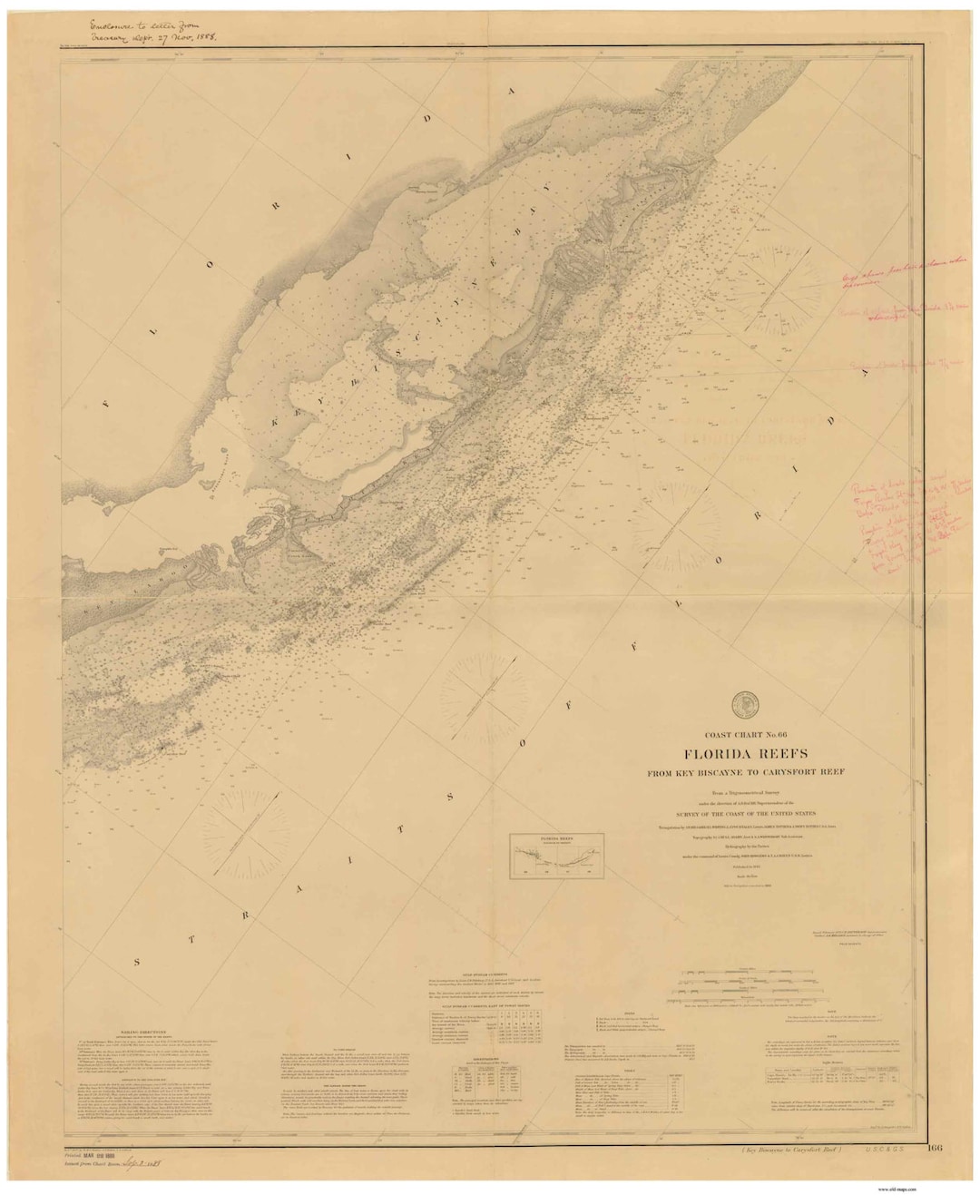 Key Biscayne to Carysfort Reef 1888 Nautical Map Reprint Historical ...