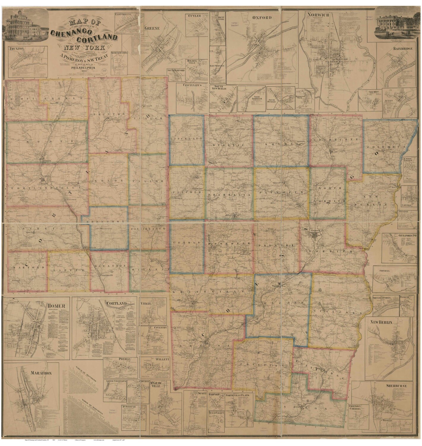 Chenango & Cortland Counties New York 1863 Wall Map Reprint | Etsy