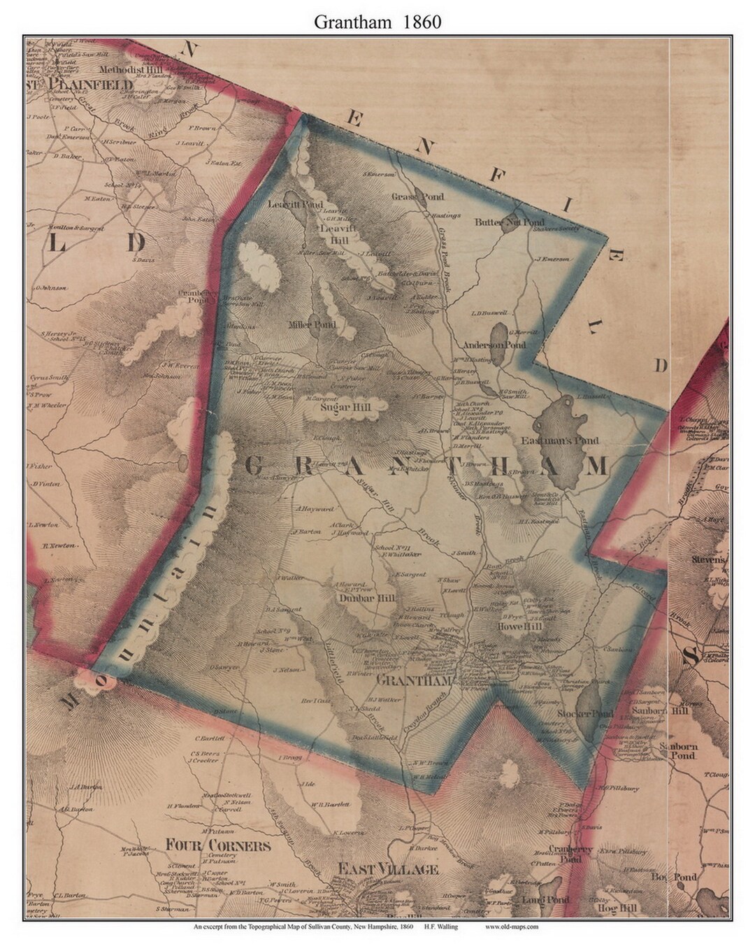 Grantham 1860 Old Town Map With Homeowner Names New Hampshire Eastman ...