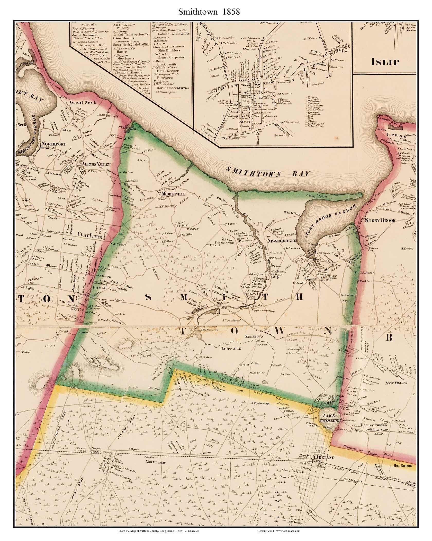 Smithtown New York 1858 Map Nissequogue Comac Hauppauge Lake Ronkonkoma ...