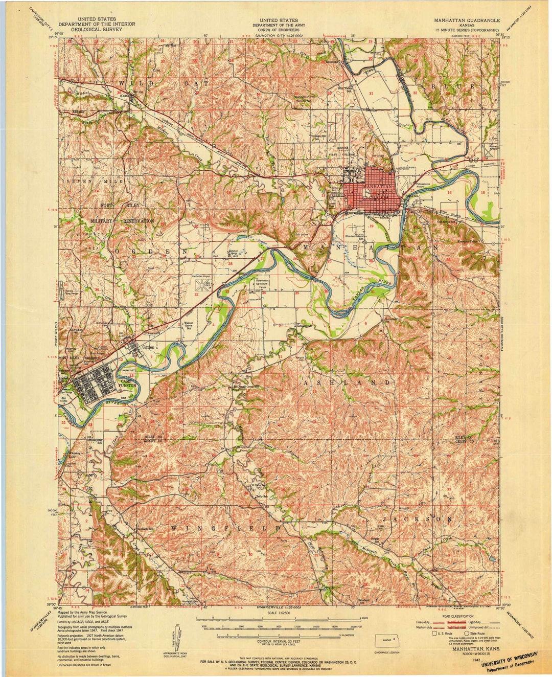 Manhatten 1947 1954 Old Topo Map Kansas River Camp Funston Blue River ...