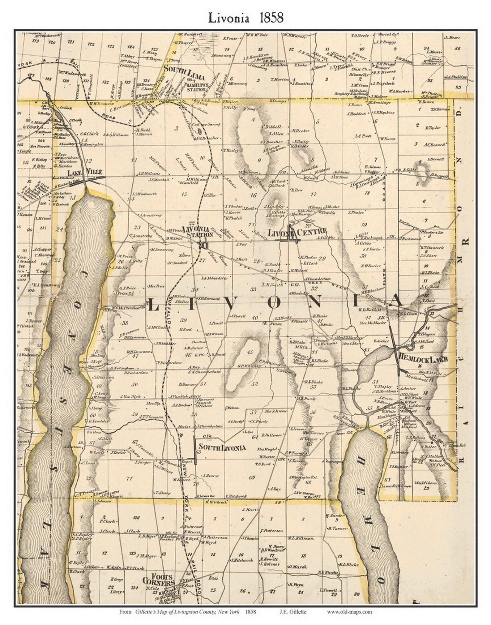 Livonia 1858 Old Town Map With Homeowner Names New York - Reprint ...