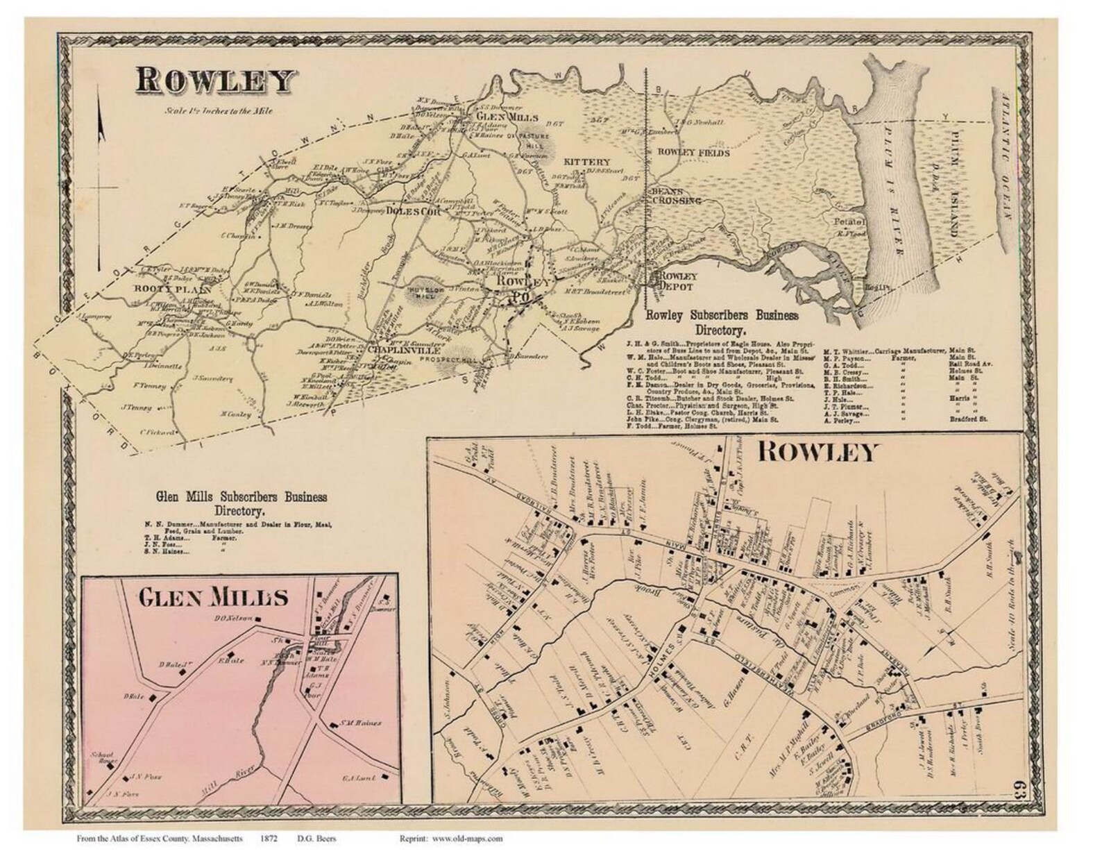 Rowley 1872 - Old Town Map Reprint - Glen Mills, Essex County ...
