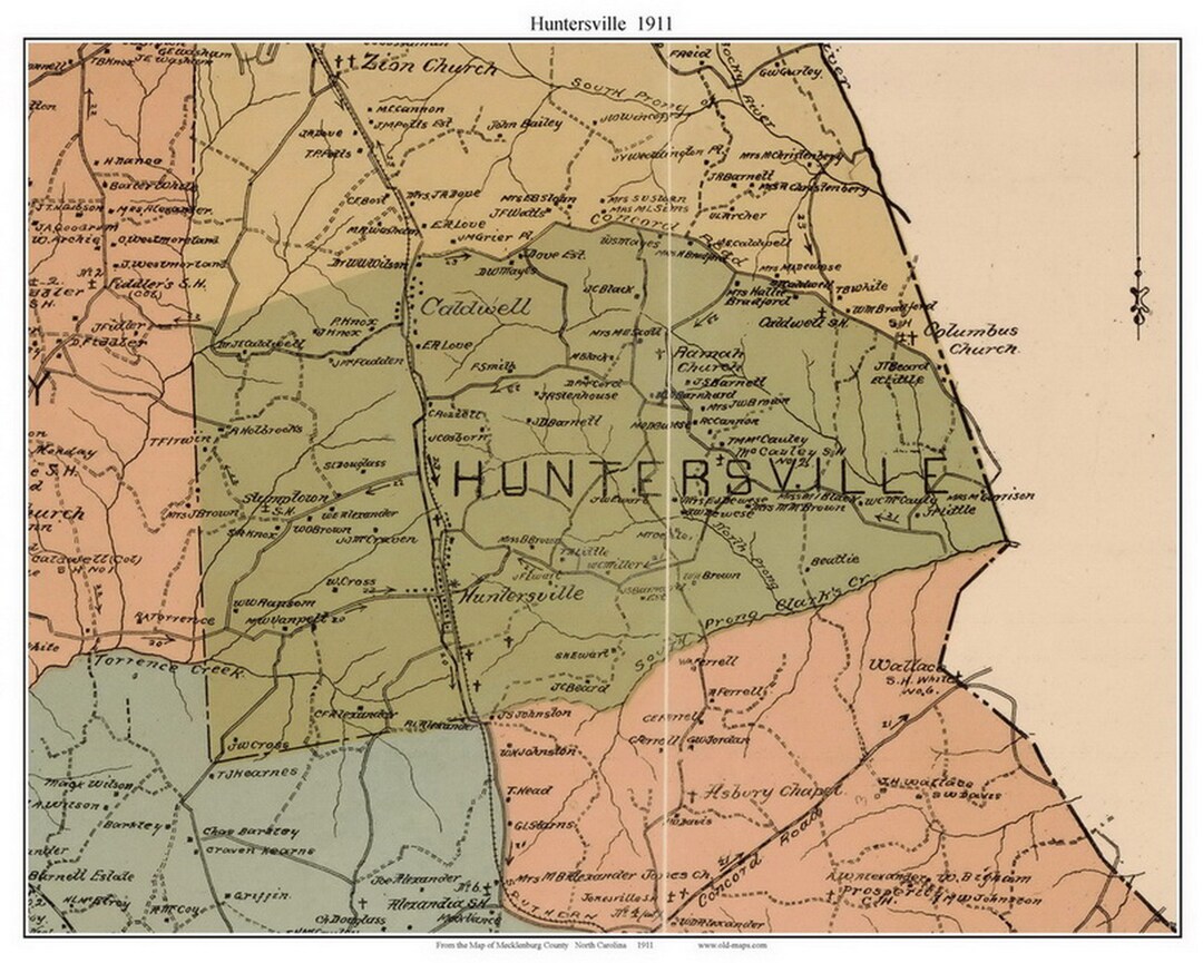 Huntersville 1911 Old Town Map With Homeowner Names - Caldwell - North ...