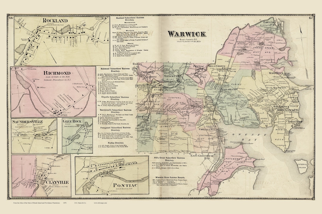 Warwick 1870 Rhode Island Old Town Map Rockland Richmond Clayville ...