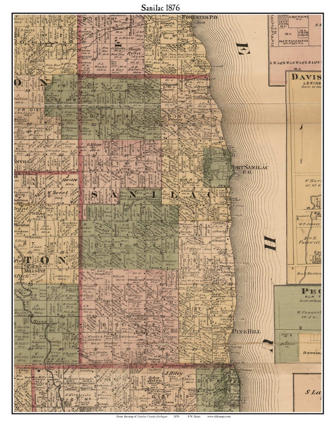 Sanilac 1876 Old Town Map With Homeowner Names - Pine Hill - Michigan ...