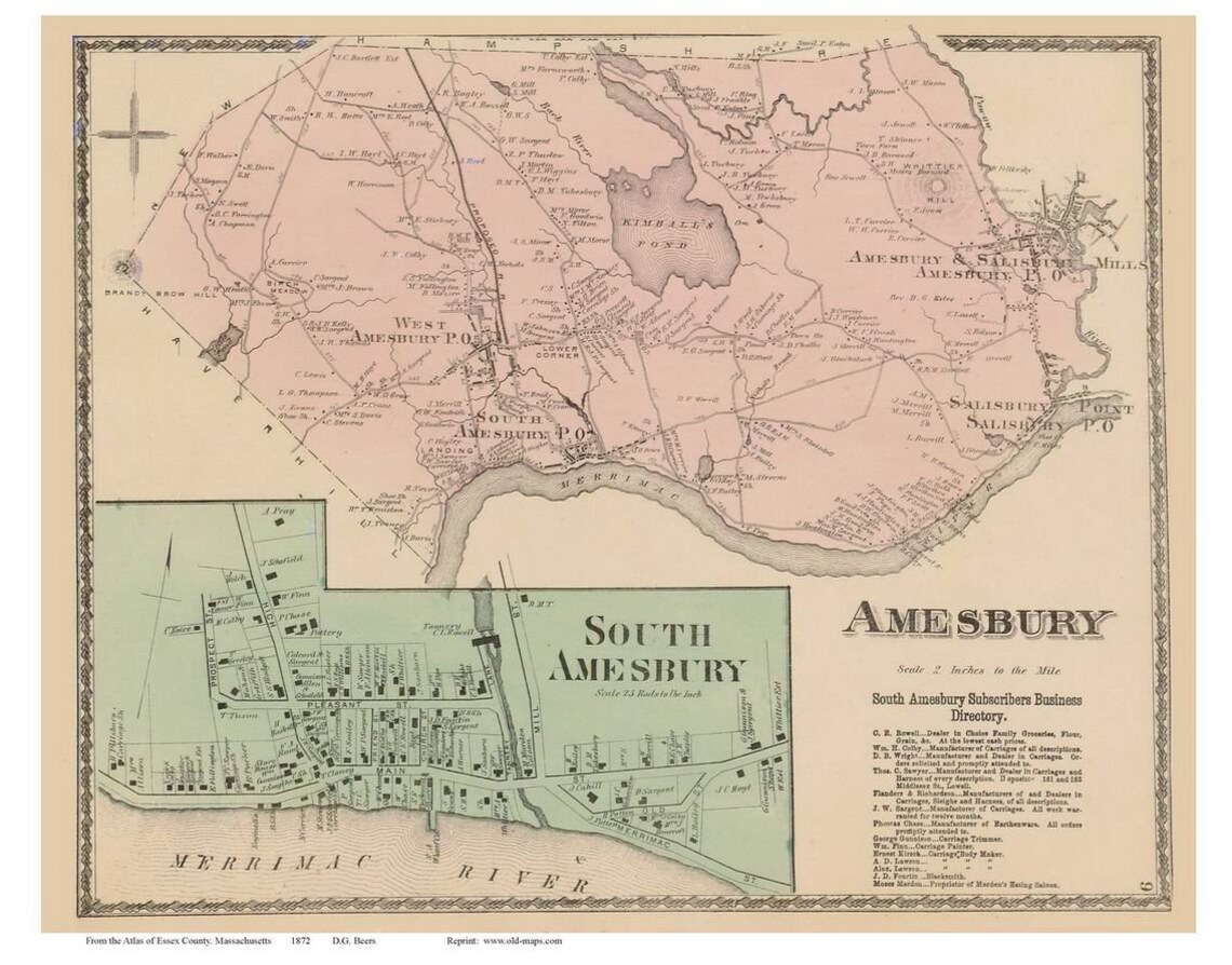 Amesbury 1872 Old Town Map Reprint Kimball's Pond - Etsy