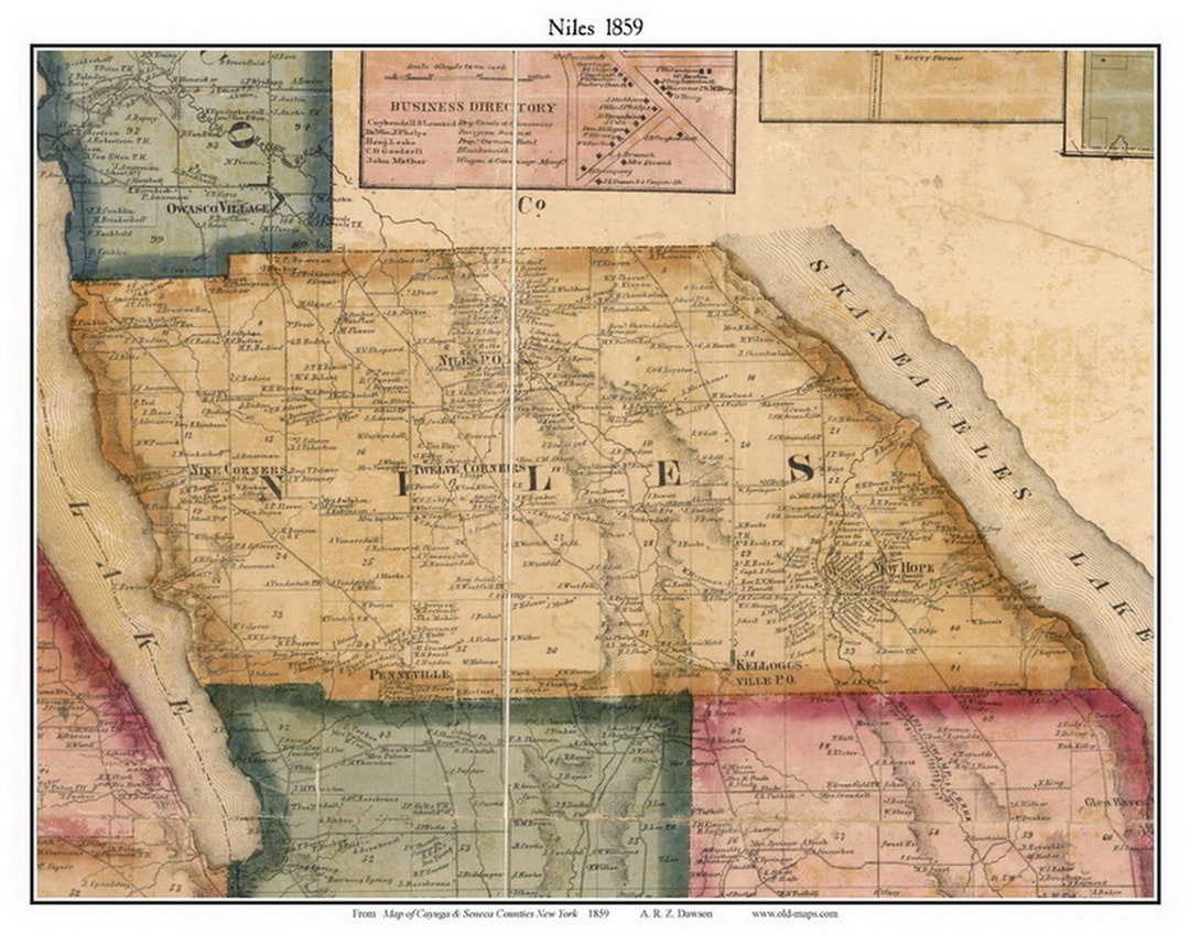 Niles 1859 Old Town Map With Homeowner Names New York Skaneateles Lake ...