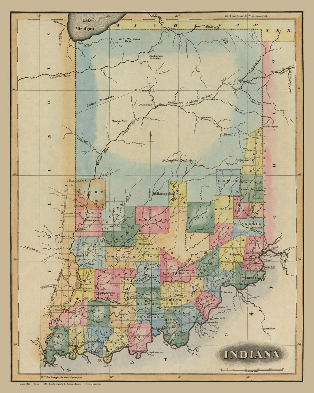 Indiana 1823 Old State Map Lucas Reprint - Etsy
