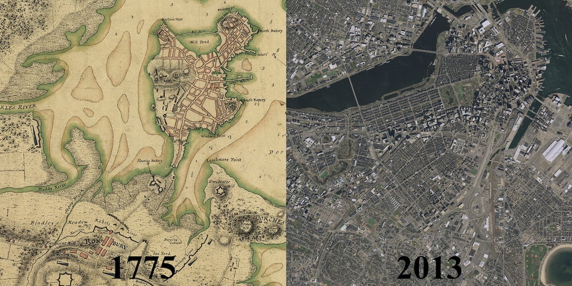 Boston Maps Then & Now 1775 Rebel Works 2013 Air Photo 2 | Etsy