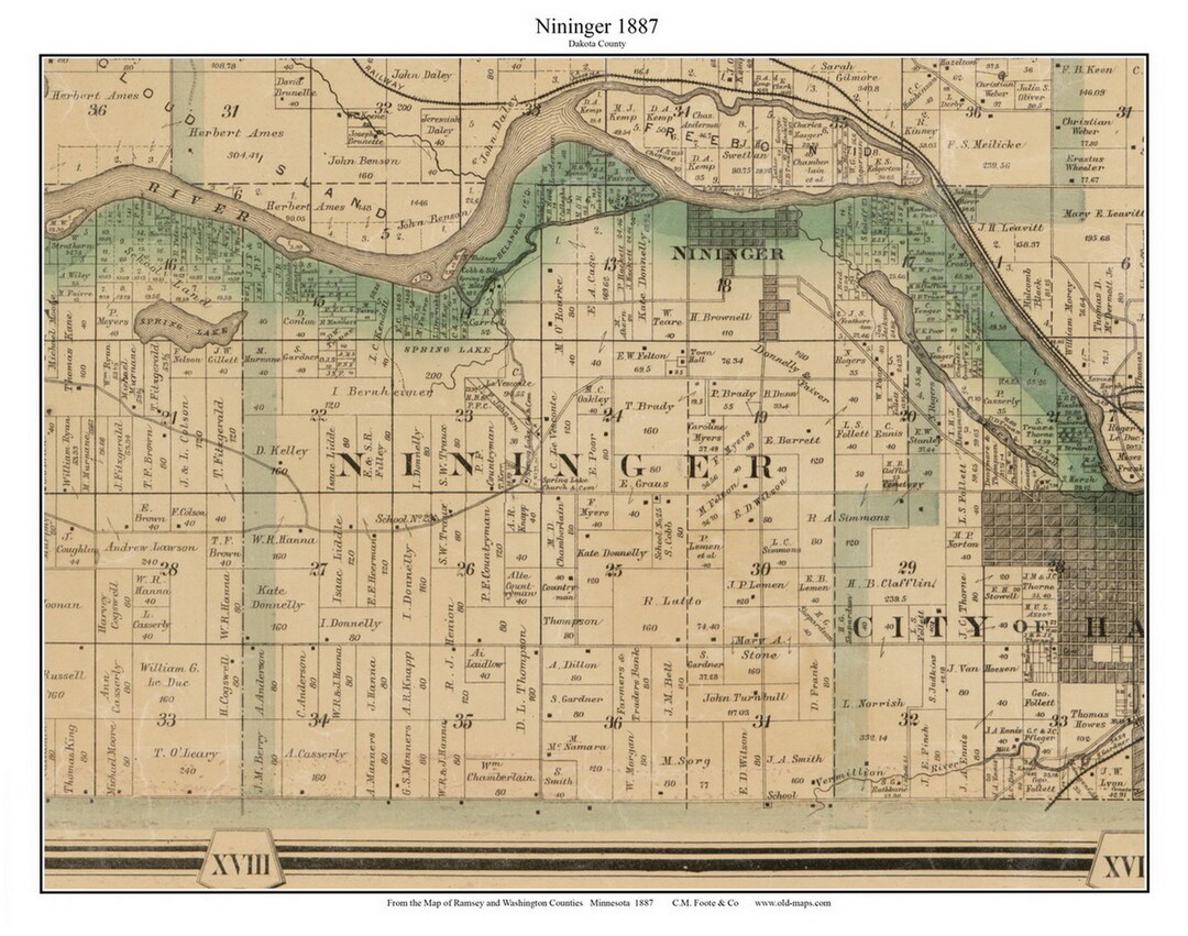 Nininger 1887 - Old Town Map With Homeowner Names Minnesota - Reprint ...
