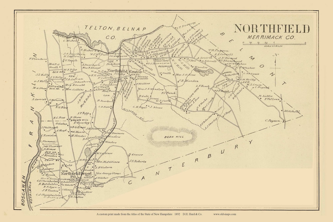 Northfield 1892 Map - Homeowner Names Custom Reprint Merrimack County ...