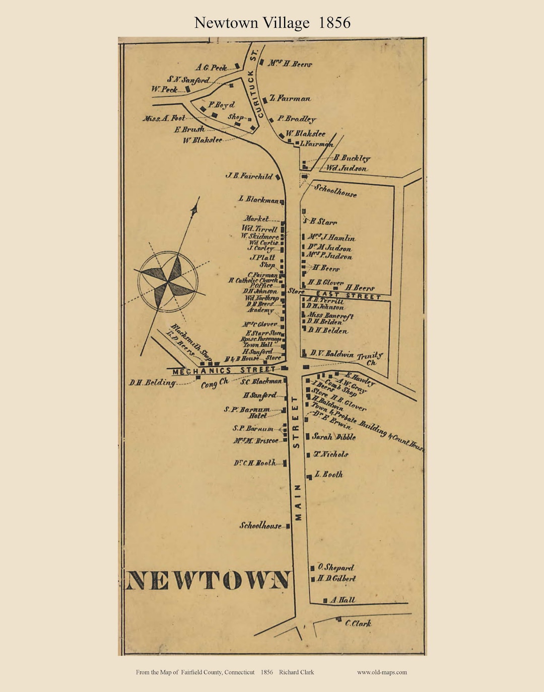 Newtown Village 1856 Old Town Map With Homeowner Names Connecticut ...