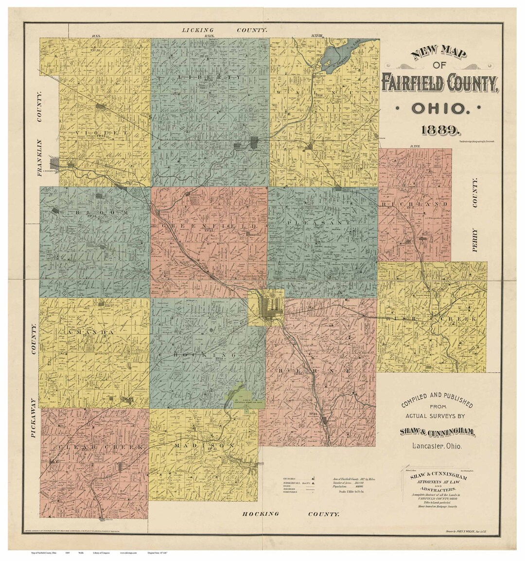 Fairfield County Ohio 1889 - Old Wall Map Reprint With Homeowner Names ...