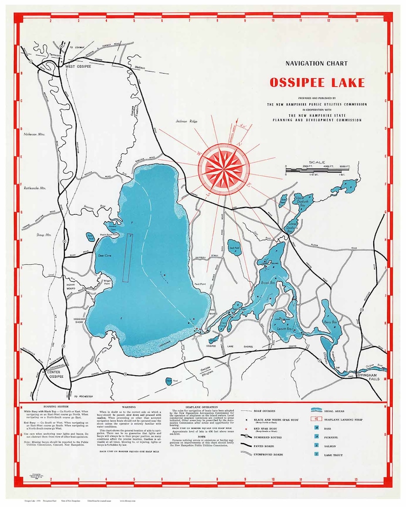Ossipee Lake 1958 Navigation Map New Hampshire - Islands, Coves Named ...
